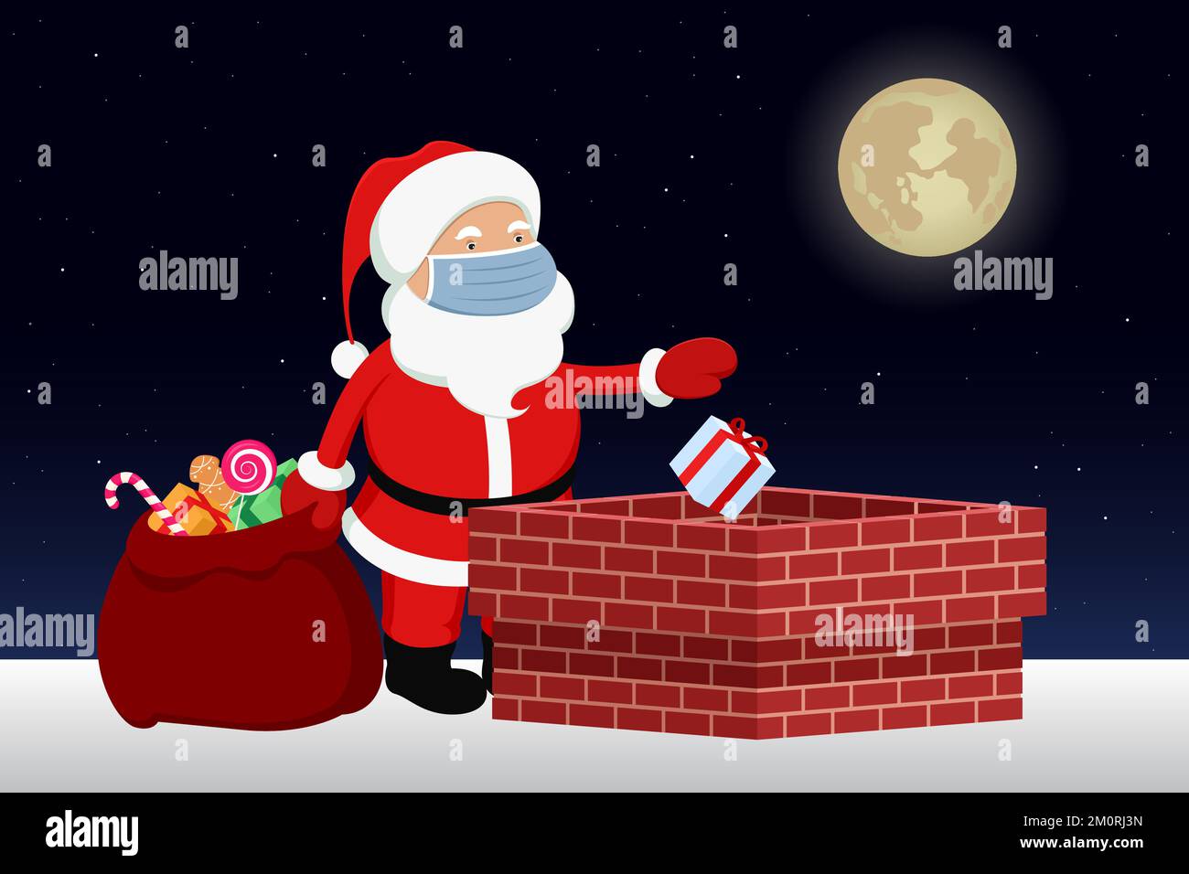 Santa Claus in mask throwing gifts into chimney. Vector illustration ...