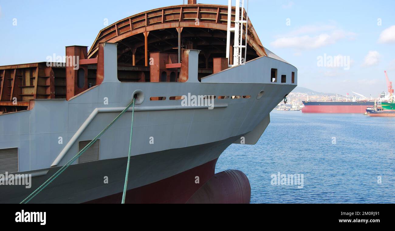 Big tonnage steel ship is under construction in shipyard, shipbuilding ...