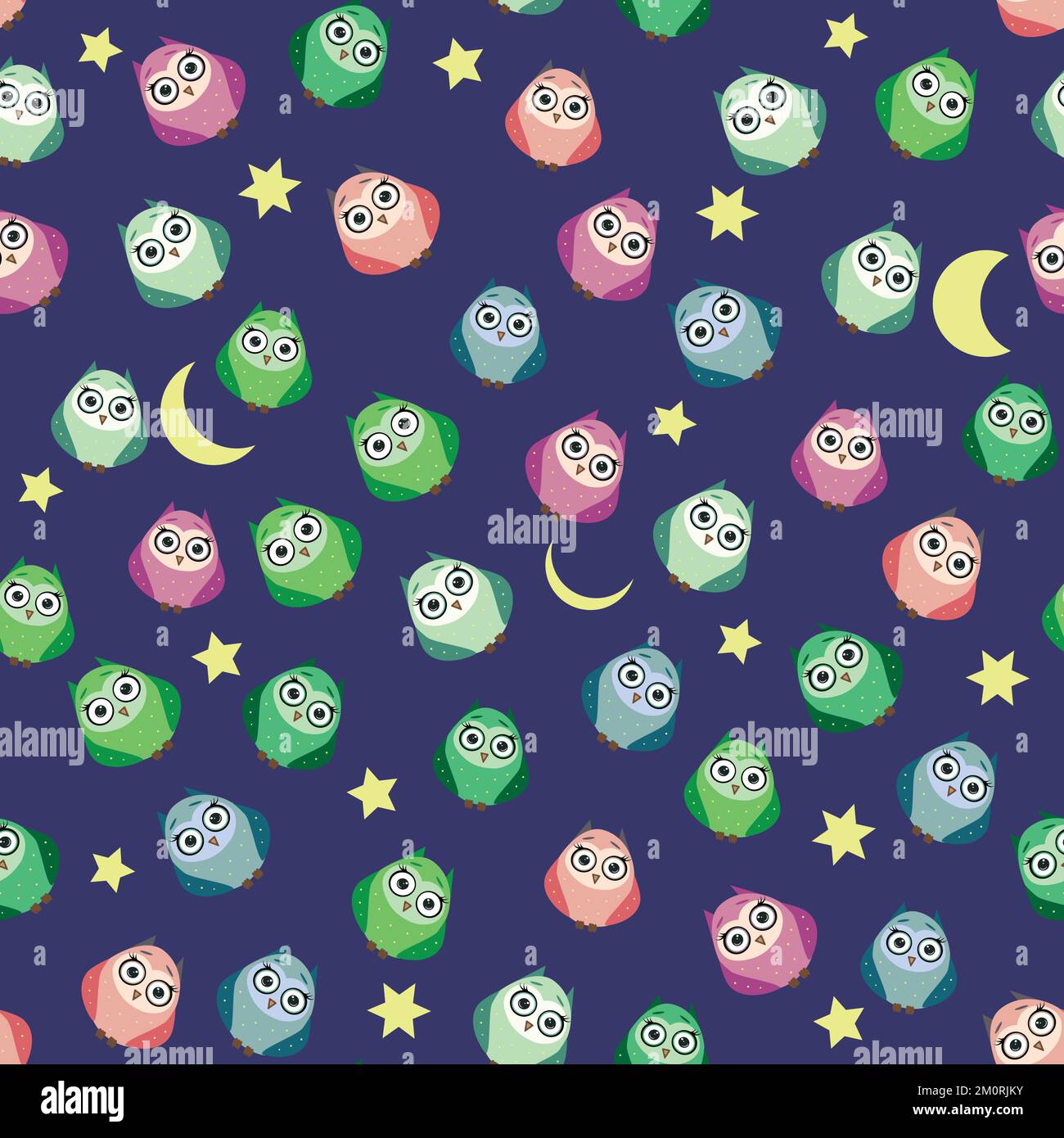 Cute multicolored owls at night with stars, clouds and moon. Seamless ...
