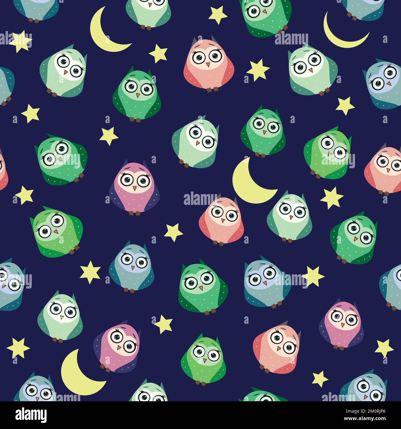 Cute multicolored owls at night with stars, clouds and moon. Seamless ...