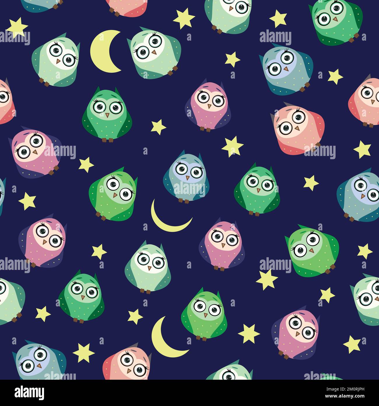 Cute multicolored owls at night with stars, clouds and moon. Seamless ...