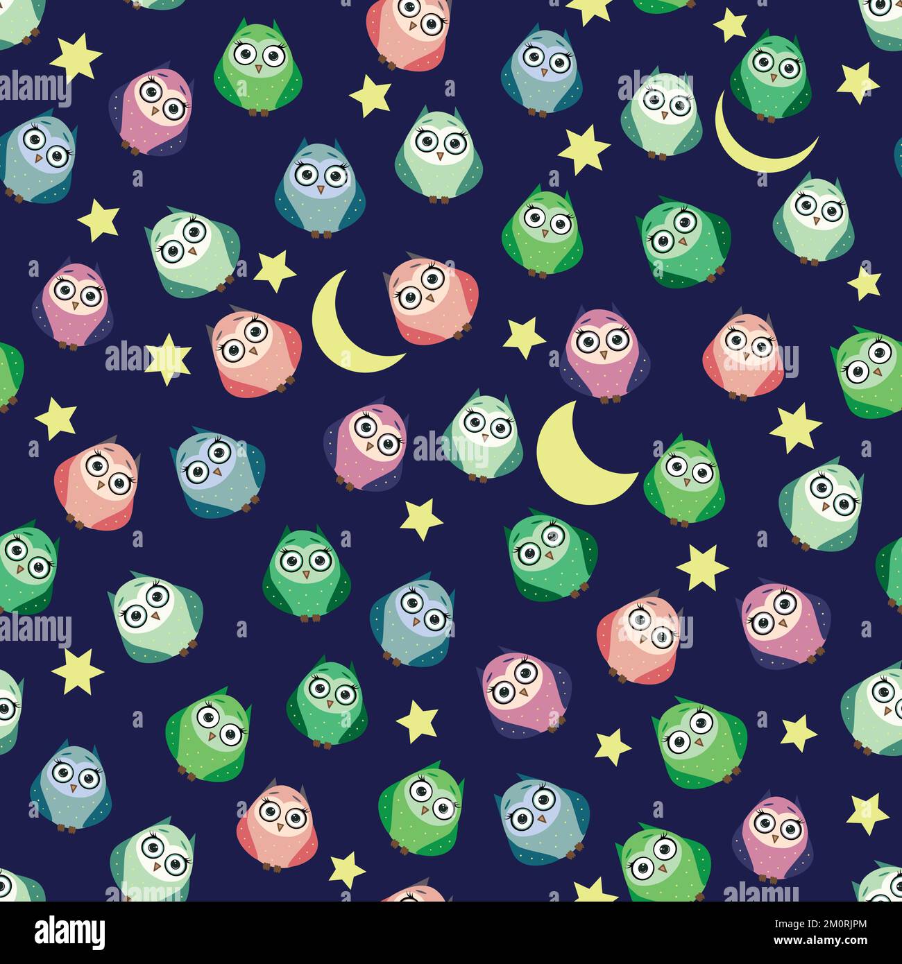 Cute multicolored owls at night with stars, clouds and moon. Seamless ...