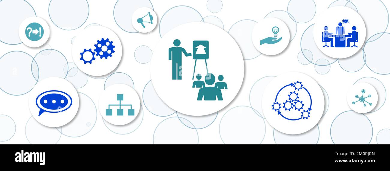 Concept of coaching with icons on circles Stock Photo - Alamy