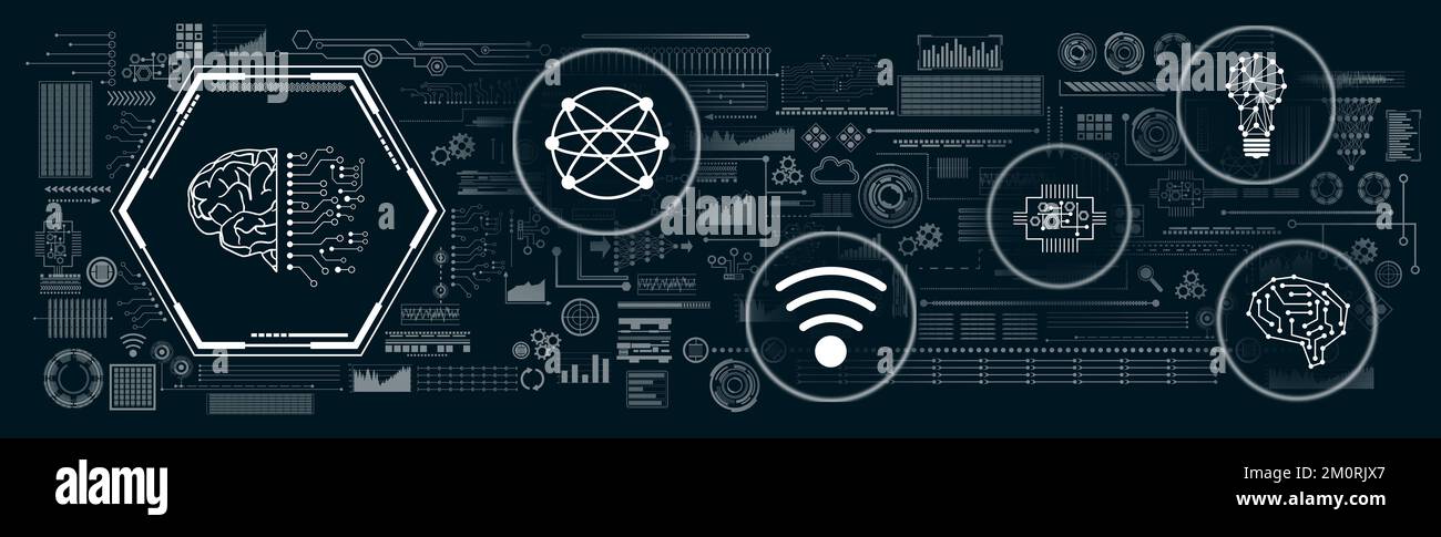 Concept of digital disruption with icons on futuristic hud interface ...