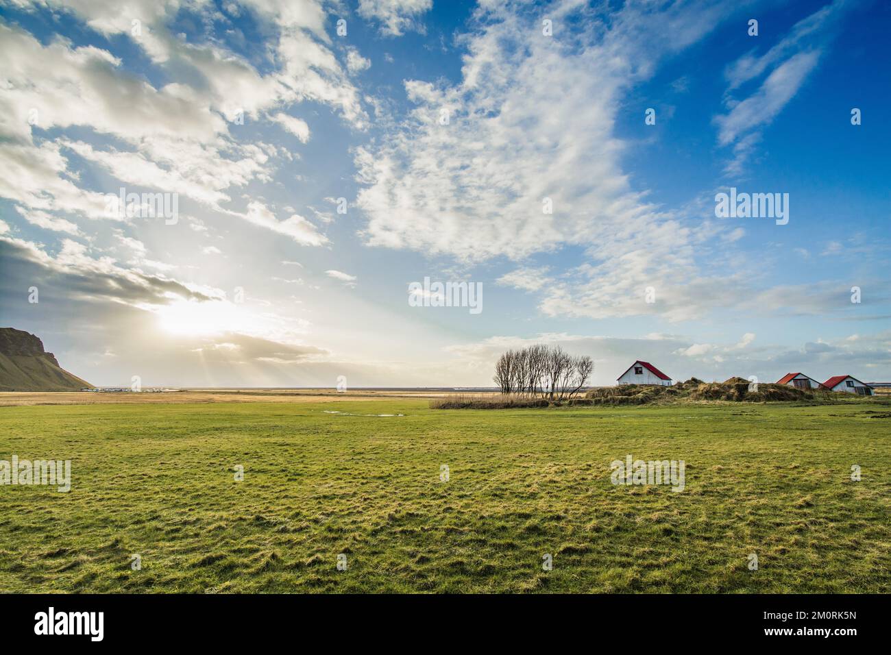 An aerial view of greenery field with trees and buildings Stock Photo ...