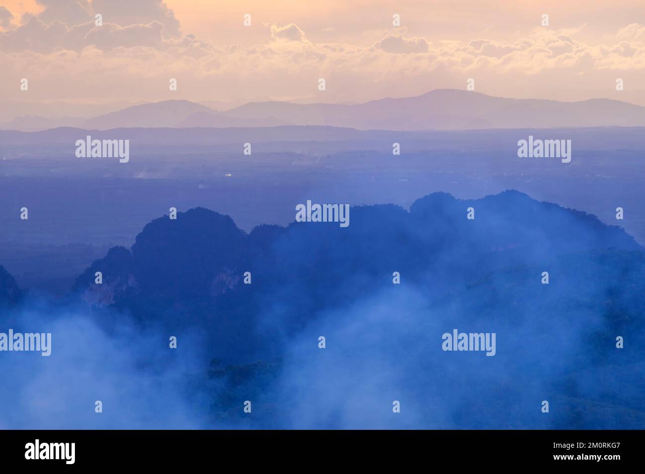 View of landscape nature and mist and mountain with sunlight and sunset ...