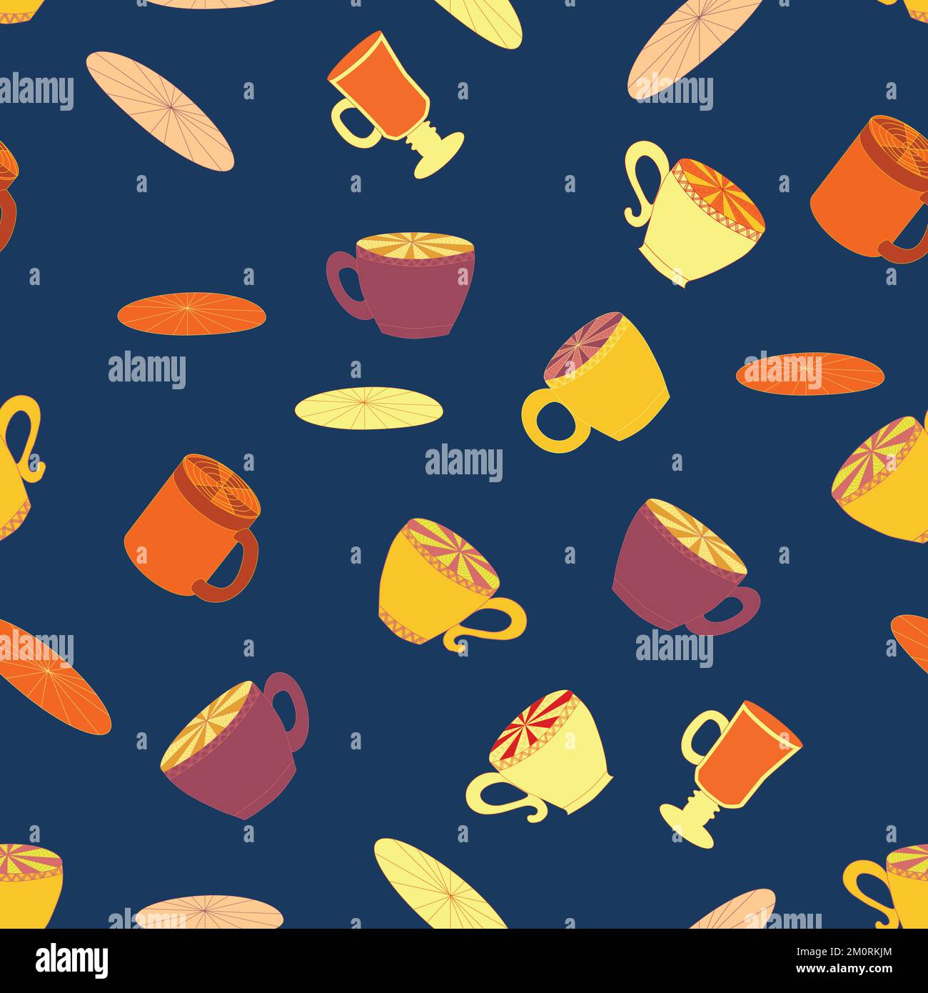 Cups and saucers bright seamless pattern. Tea, tea shop, coffee ...