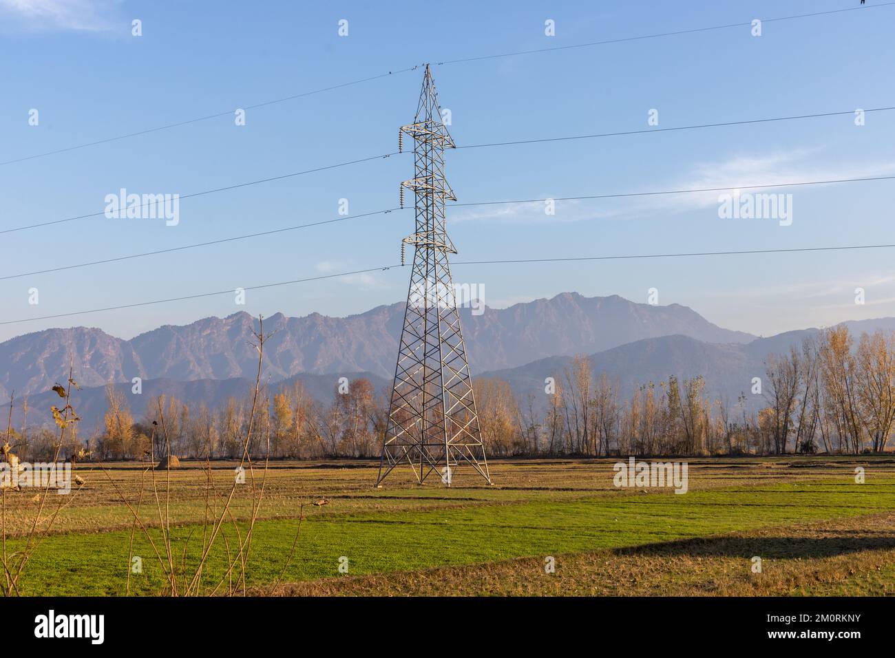 Transmission tower pole in the middle of agricultural fields Stock ...