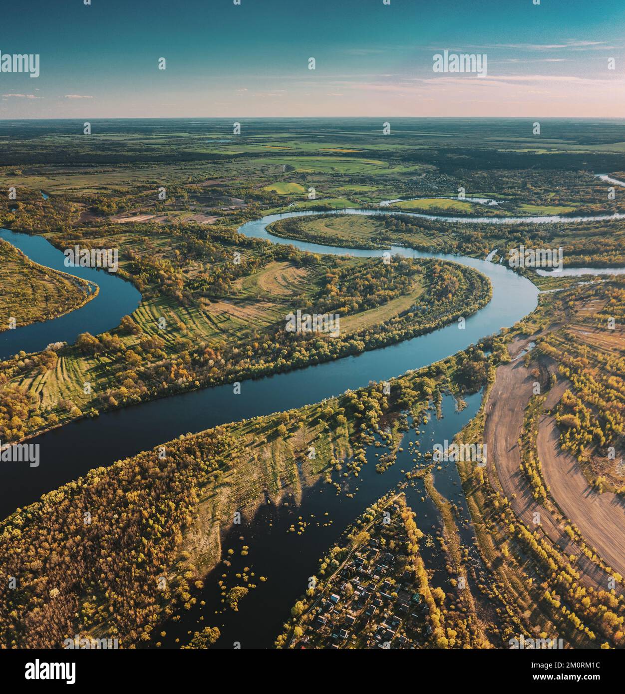 Village Near River, Aerial View Green Forest Woods And River Landscape ...