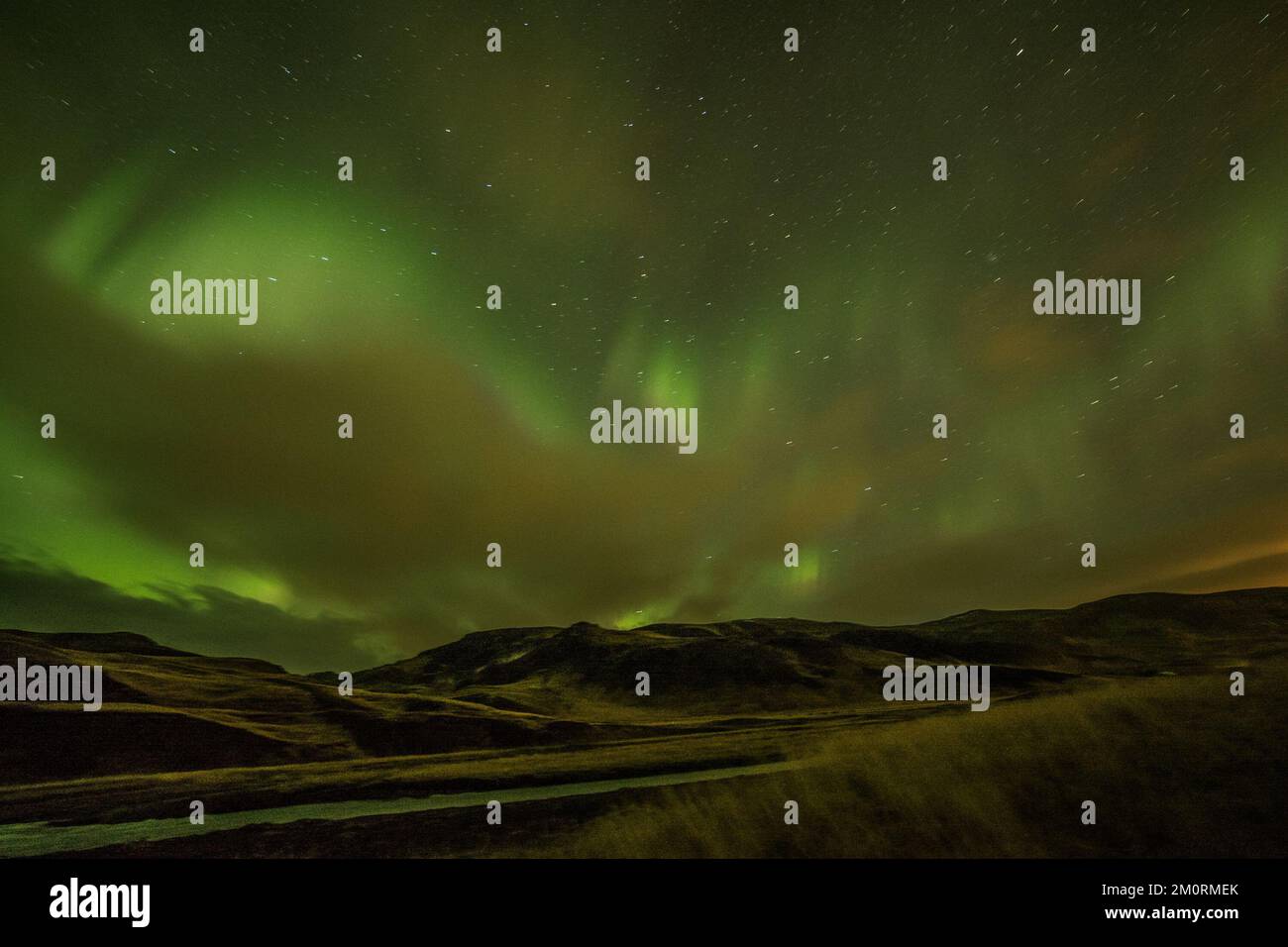 An aerial view of field during Northern Lights Stock Photo - Alamy