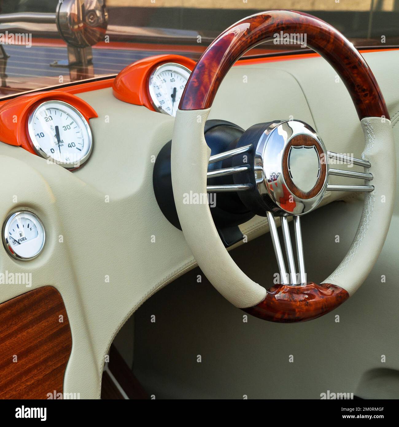 Speed boat steering wheel and instrument panels, luxurious speedboat ...