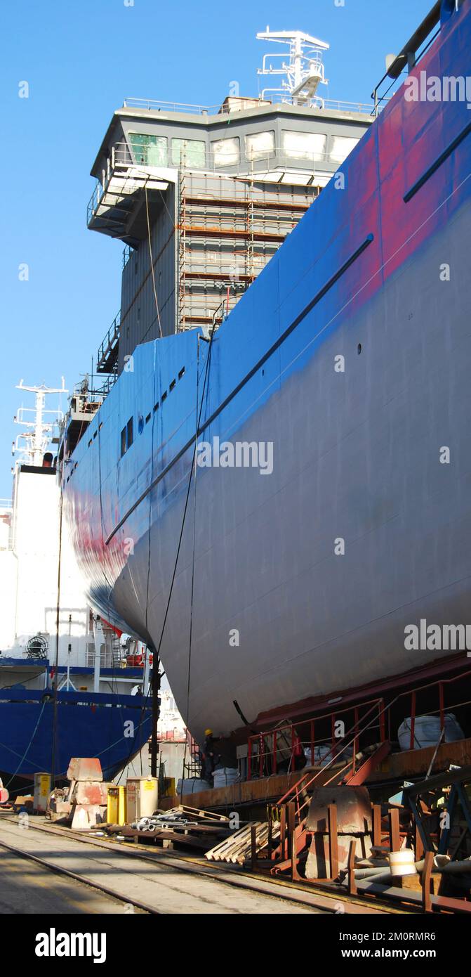 Big tonnage steel ship is under construction in shipyard, shipbuilding ...