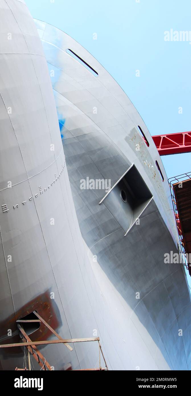 Big tonnage steel ship is under construction in shipyard, shipbuilding ...