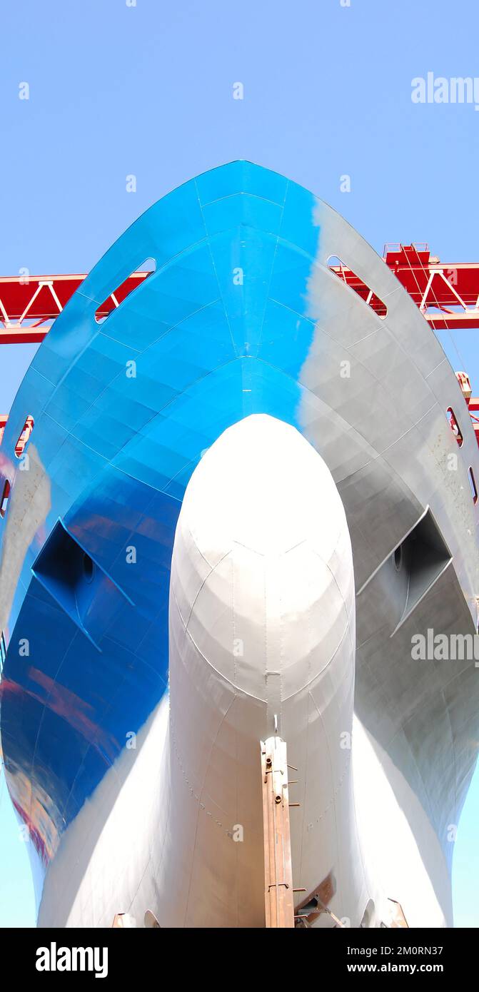 Big tonnage steel ship is under construction in shipyard, shipbuilding ...