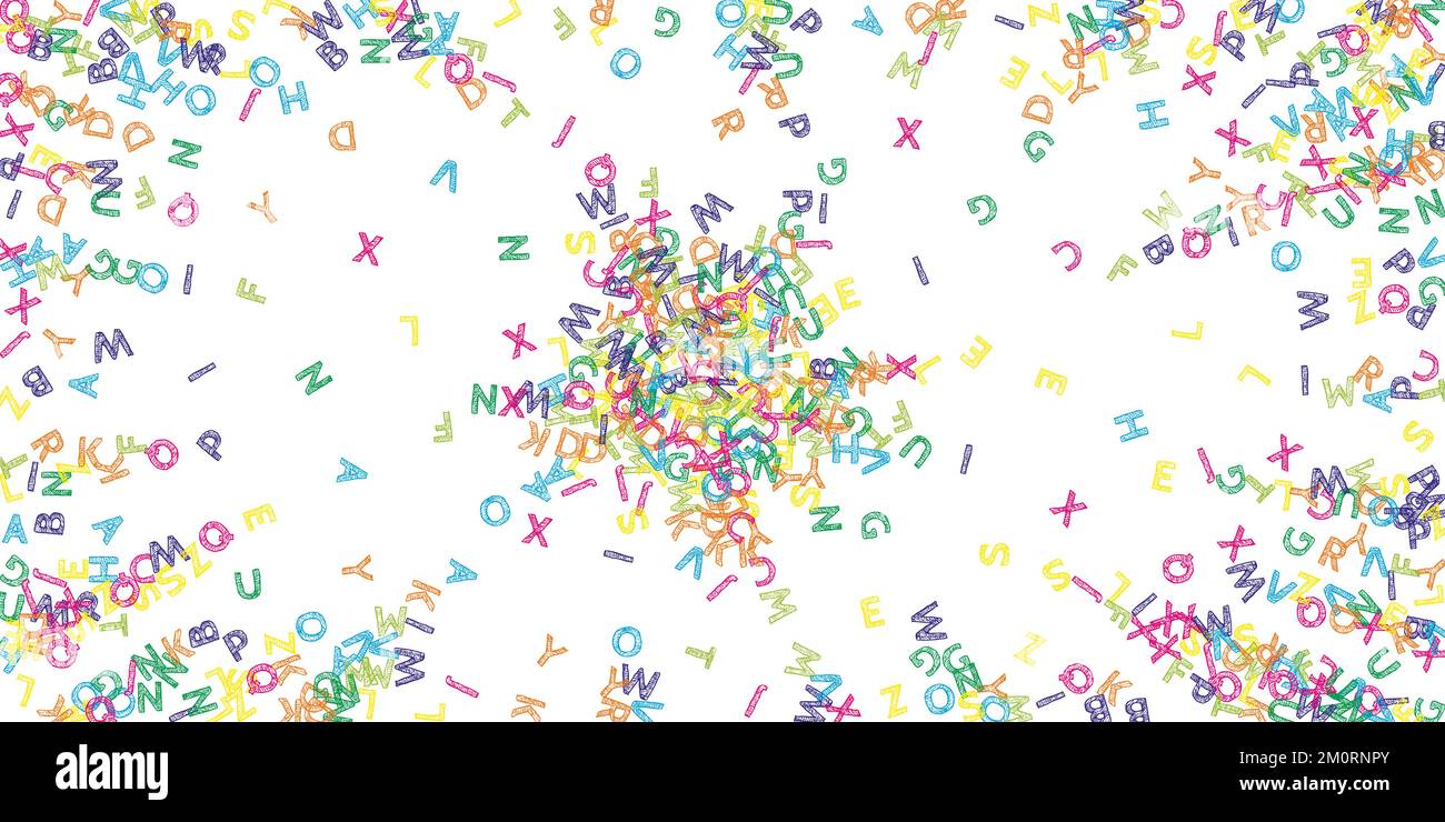 Falling letters of English language. Colorful sketch flying words of ...