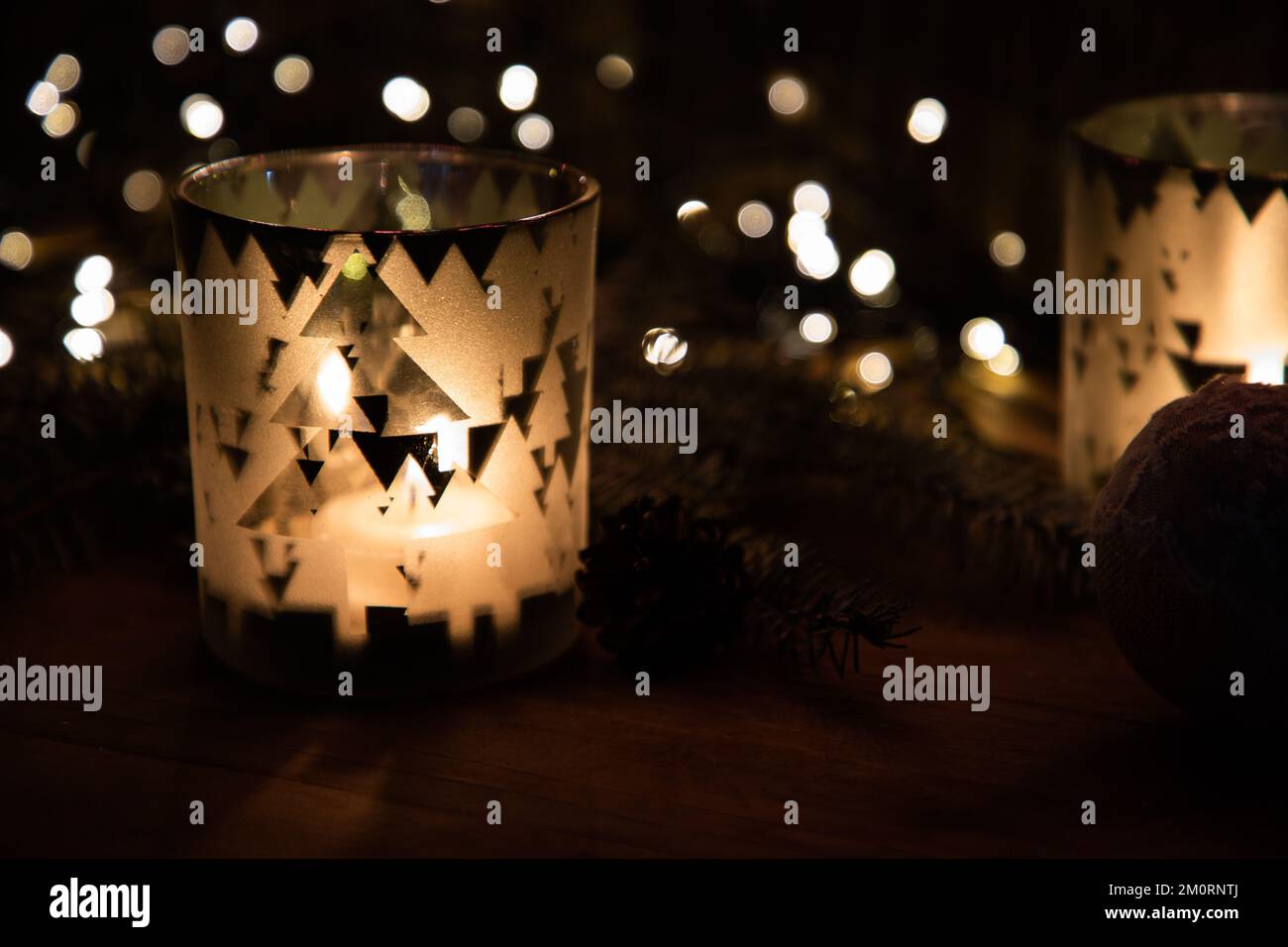 christmas lights and decorations on wooden background Stock Photo - Alamy