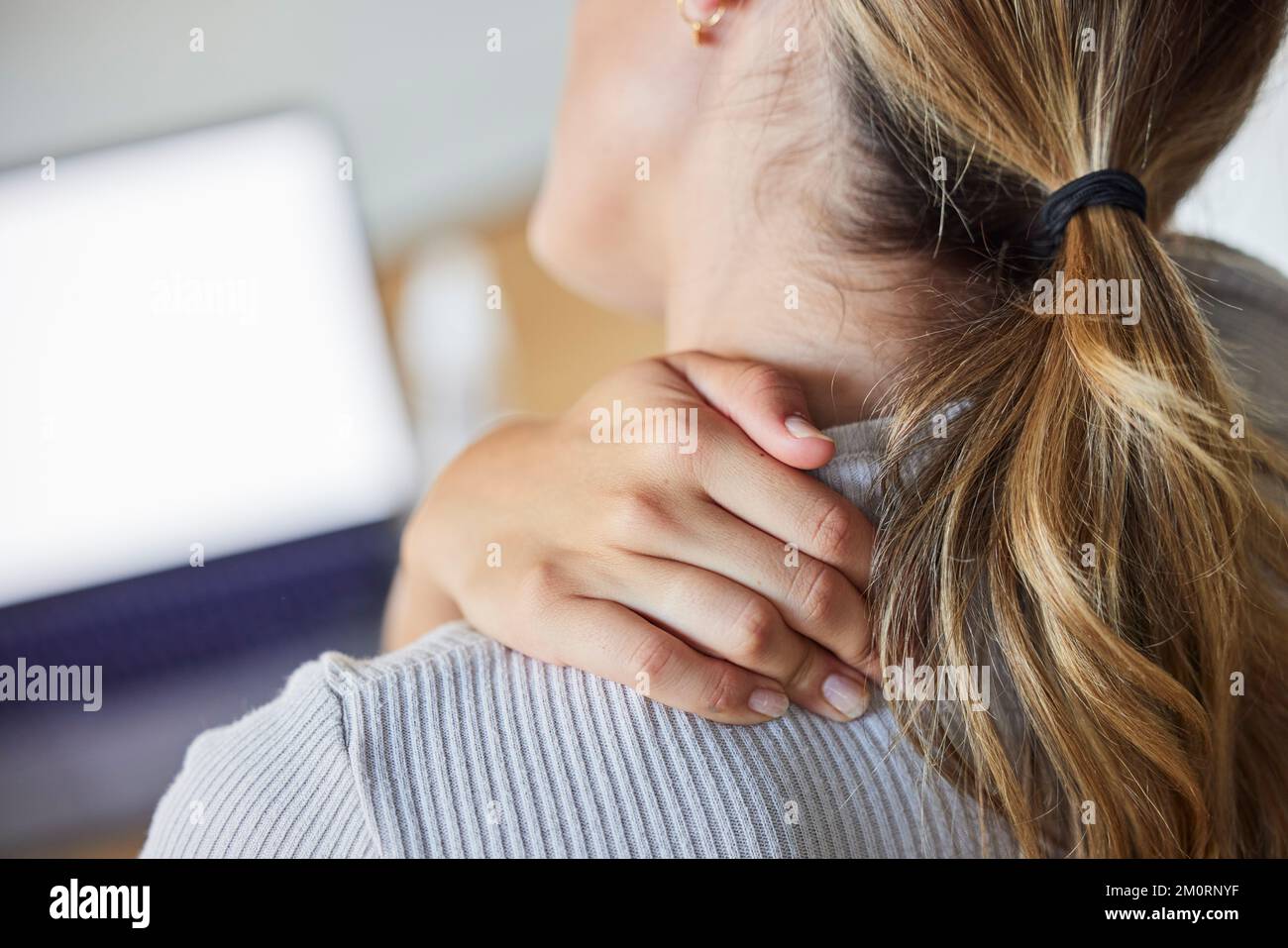 Business woman, stress and laptop with neck pain, tired and injury from ...