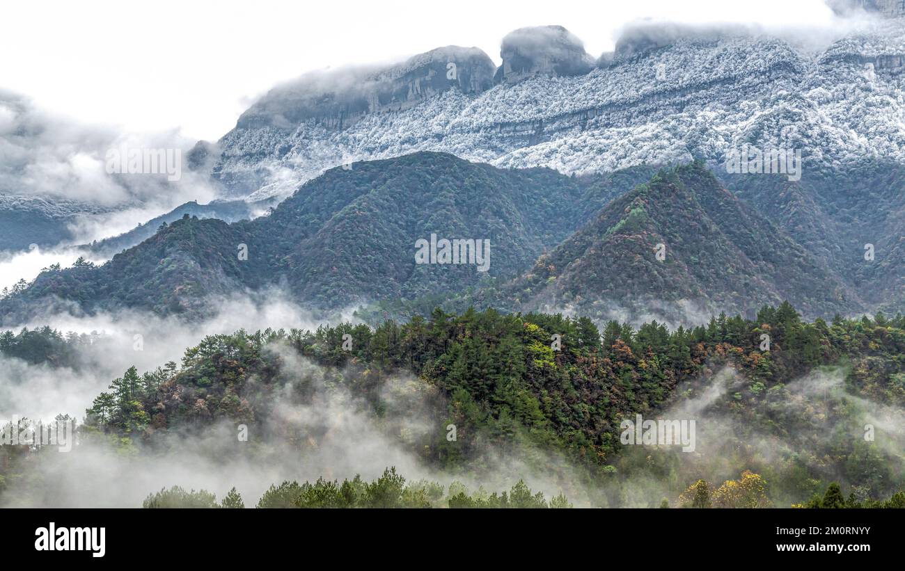 Aerial photo shows the snow scenery of Mount Jinfo in Nanchuan District ...