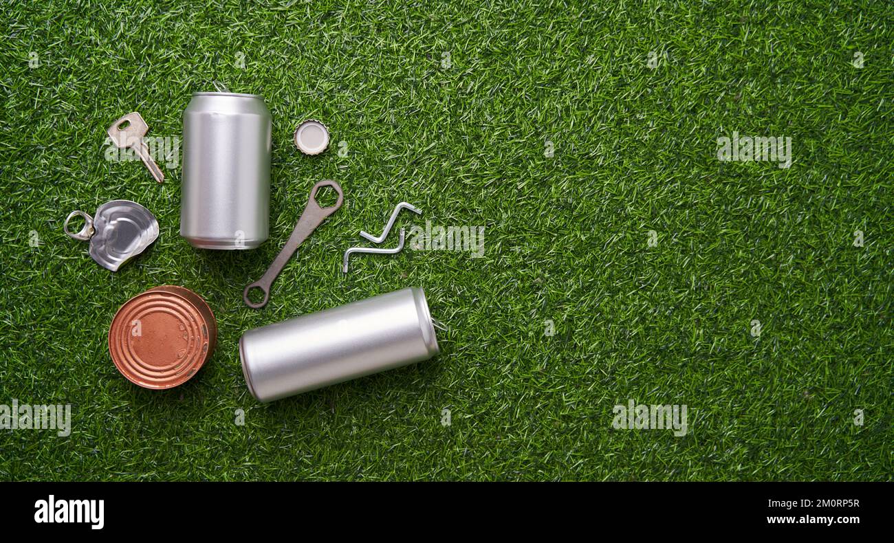 Many metal tins, cans and jars for recycling. Aluminum metal food and ...