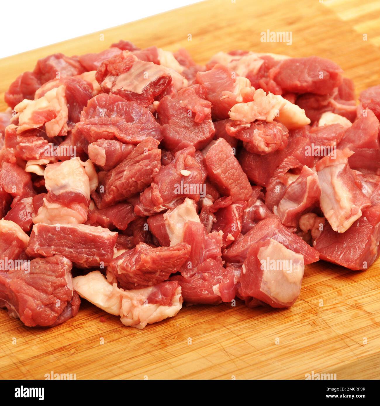 Clean very fresh red raw cow meat beef, bamboo on cutting board, cow ...