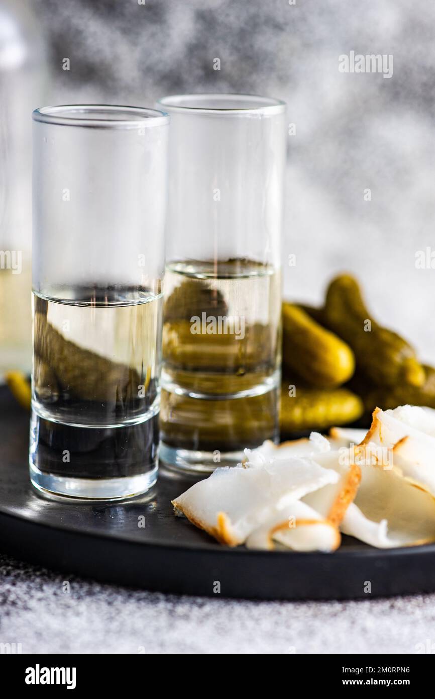 Close-Up of a plate of traditional Ukrainian cured pork fat (salo) with ...