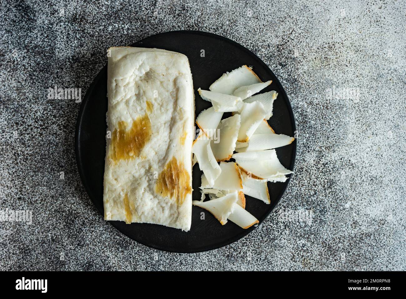 Overhead view of a plate of traditional Ukrainian cured pork fat (salo ...