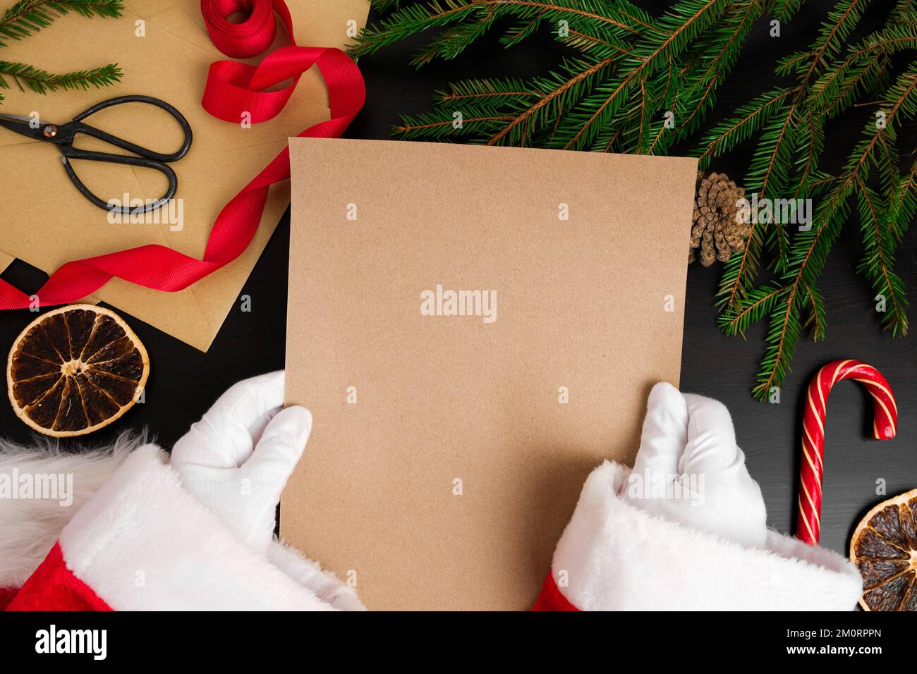 Santa Claus Reading Letters from Children on Desk. Top View of Jolly ...
