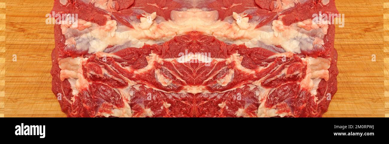 Clean very fresh red raw cow meat beef, bamboo on cutting board, cow ...