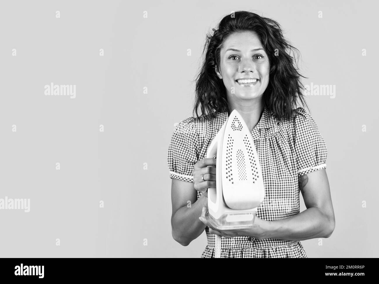 concept of householding. steaming iron. pinup girl prepare ironing ...