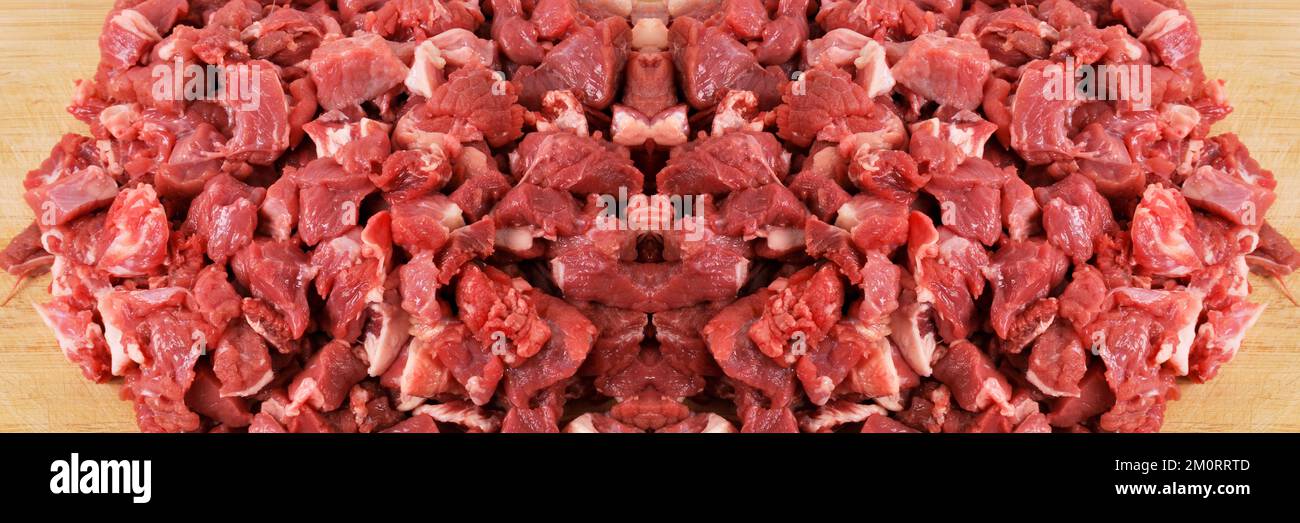 Clean very fresh red raw cow meat beef, bamboo on cutting board, cow ...