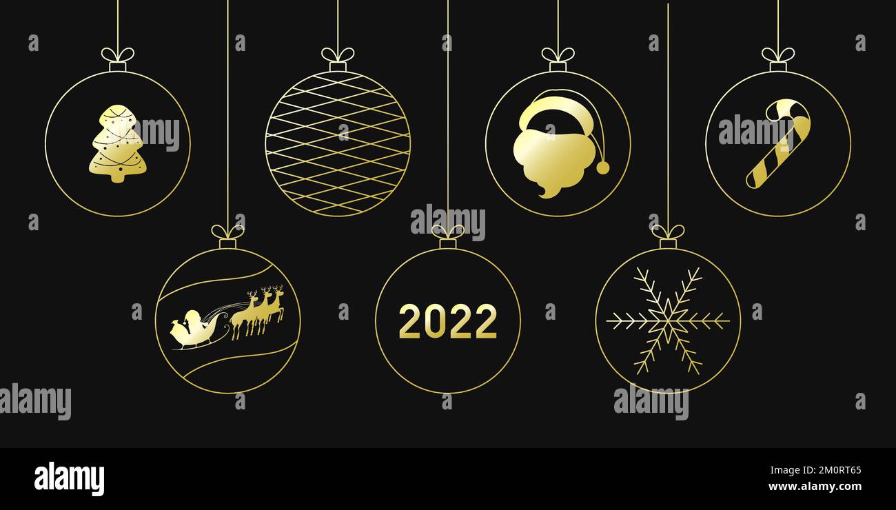 Golden Christmas baubles on black background. Vector illustration Stock ...