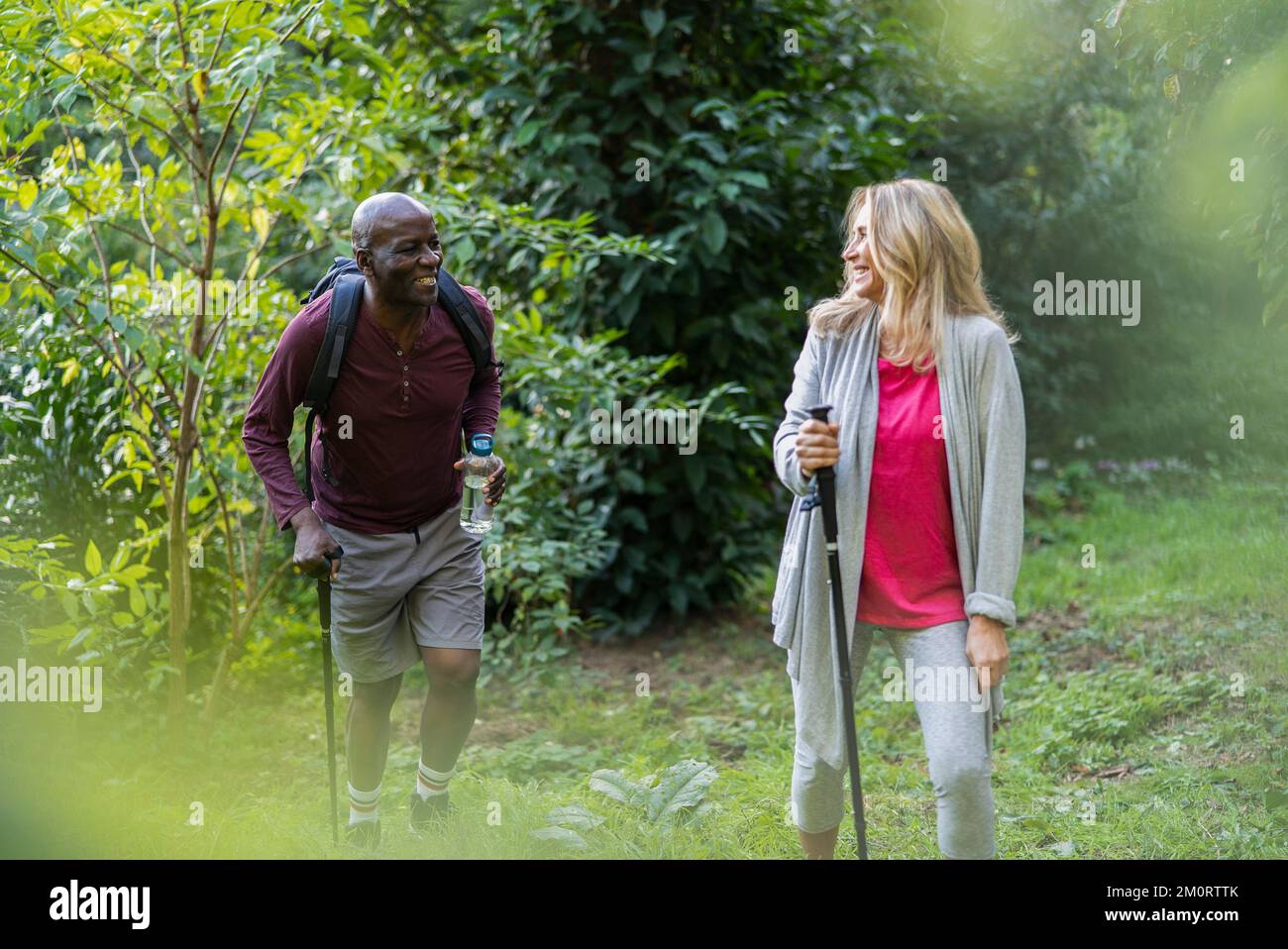 Senior couple using walking stick during trekking tour Stock Photo - Alamy