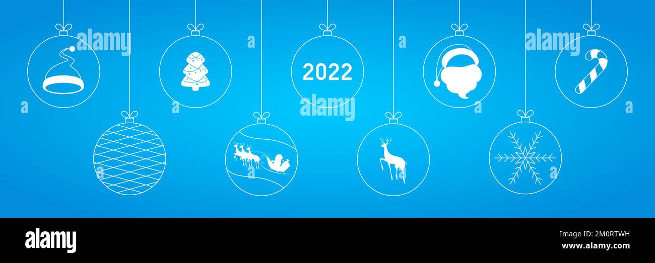 Set of hanging christmas baubles on blue background. Vector ...