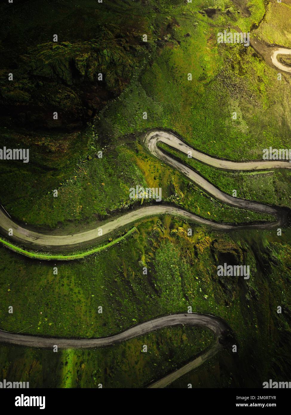 A birds eye view shot of a serpentine road leading through mountain ...