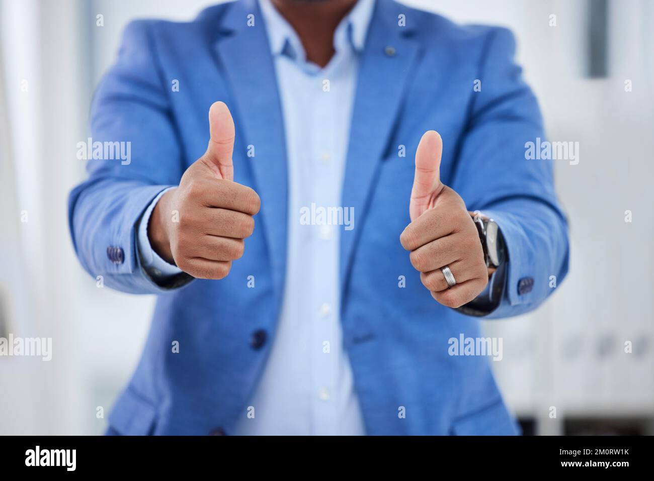 Success, winner and thumbs up with hands of businessman for support ...