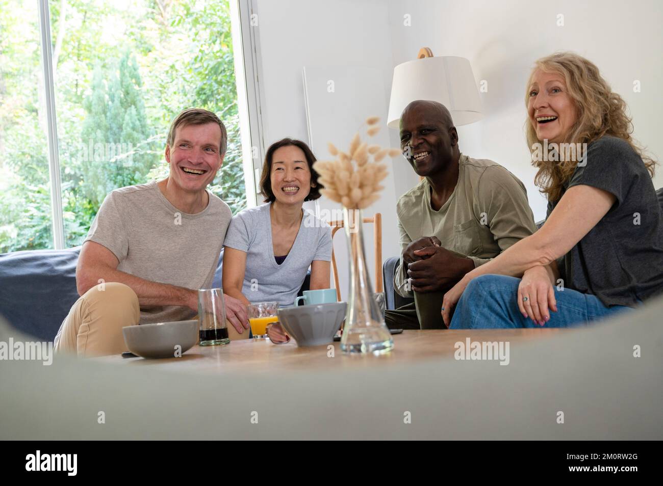 Fun diverse group of middle-aged friends having a good time at home ...