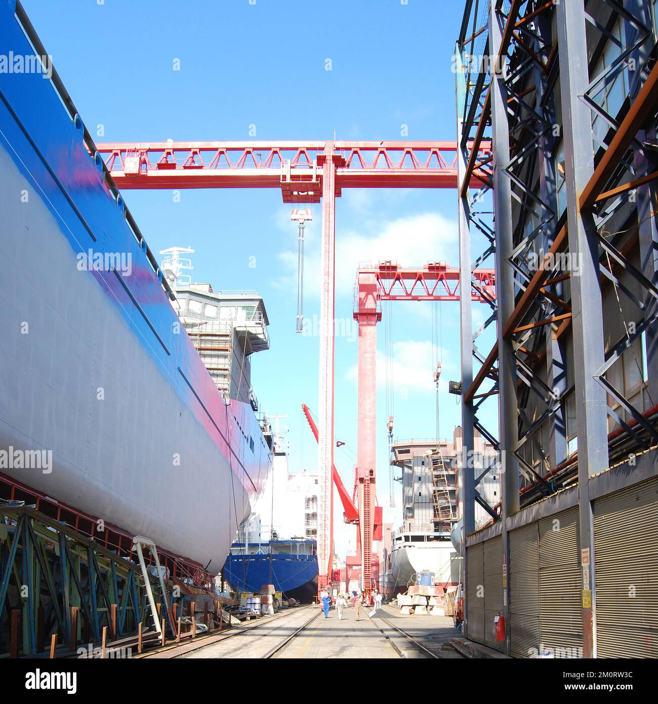 Big tonnage steel ship is under construction in shipyard, shipbuilding ...