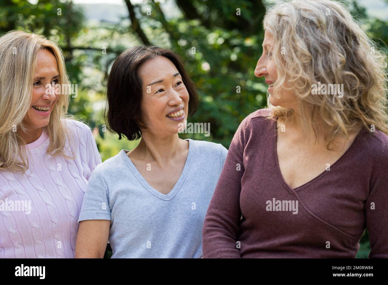 Three middle aged women having a friendly conversation in their ...