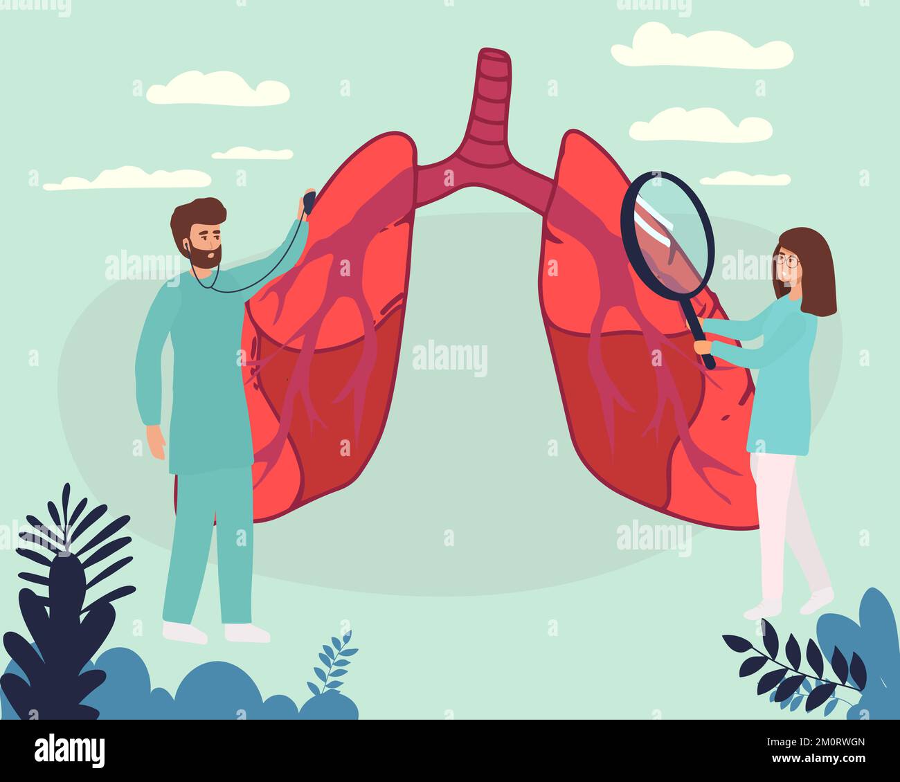 Pulmonology vector illustration. Flat tiny lungs healthcare persons ...