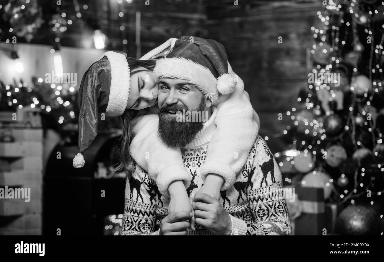 Festive spirit. Lovely married couple cuddle christmas tree background ...