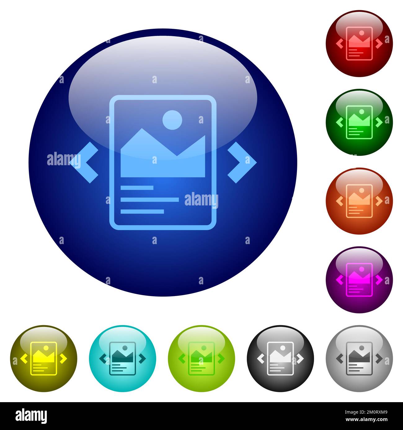 Image slideshow with captions icons on round glass buttons in multiple colors. Arranged layer ...