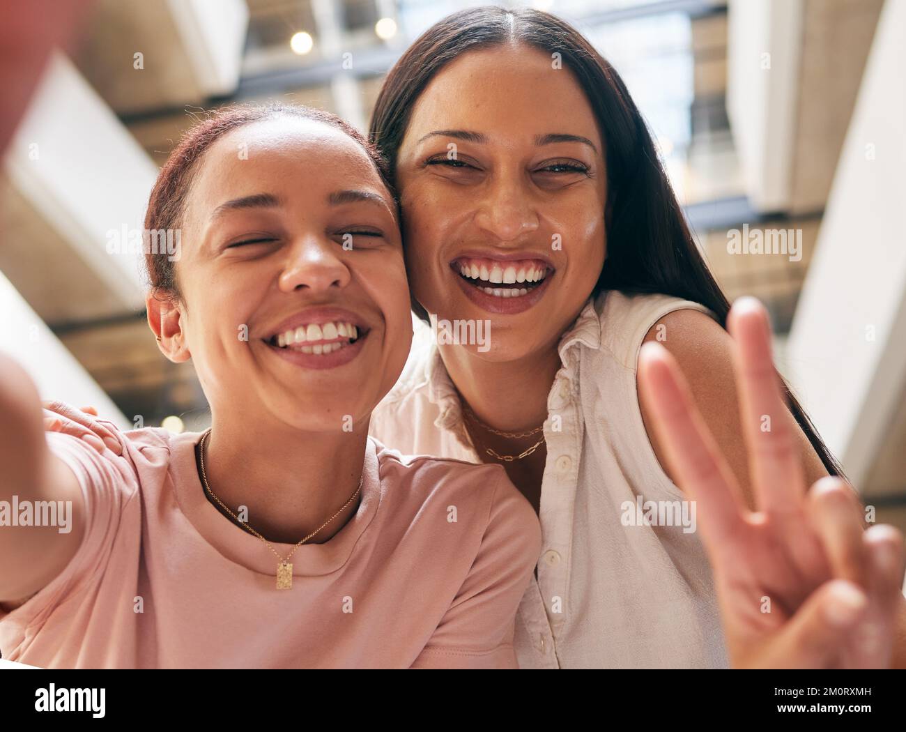 Friends, selfie and peace sign while happy, excited and showing perfect ...