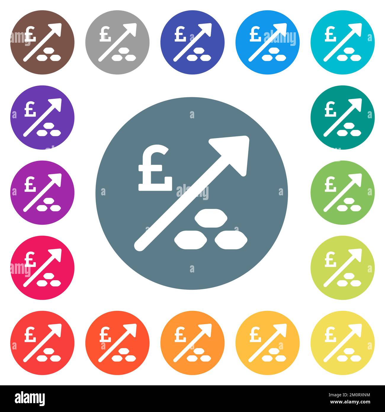 Rising coal energy English Pound prices flat white icons on round color ...