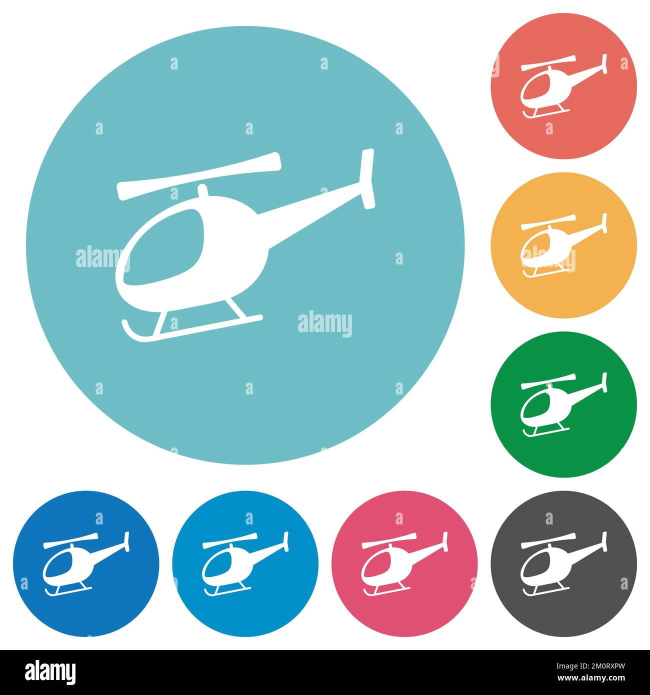 Helicopter side view silhouette flat white icons on round color ...