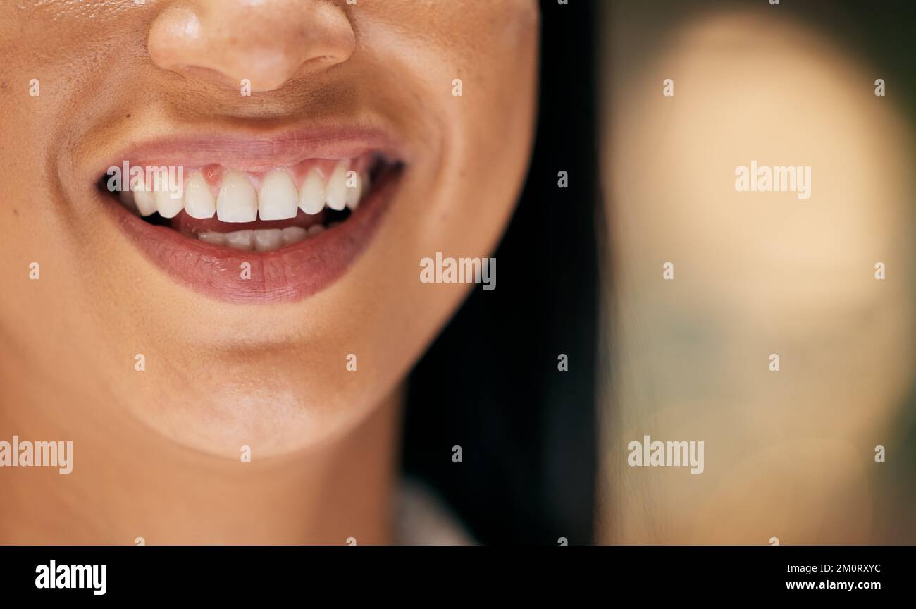 Smile, mouth and face macro of woman inside for happiness, beauty and ...