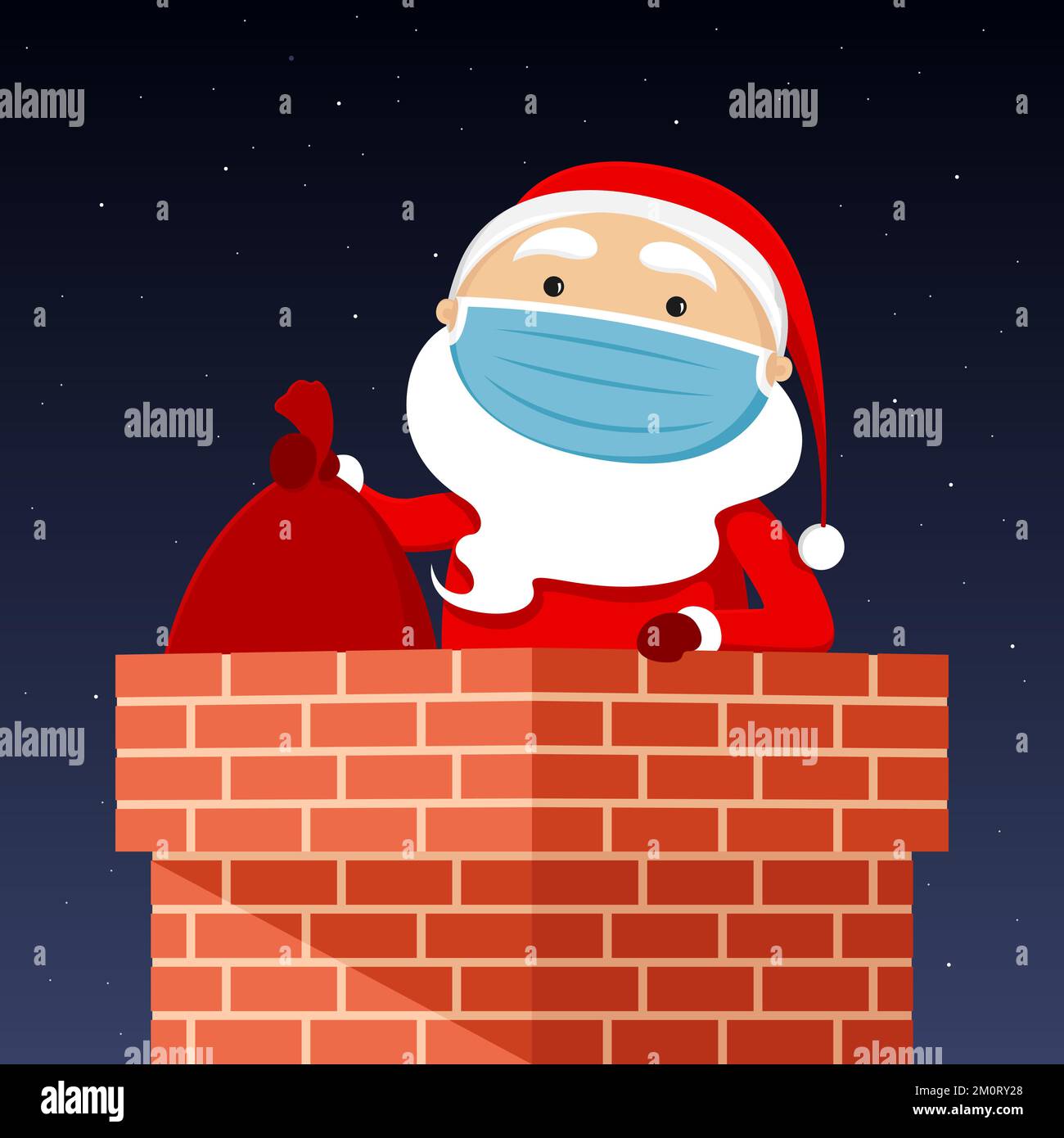 Santa Claus in mask sitting in chimney and holding bag with presents ...