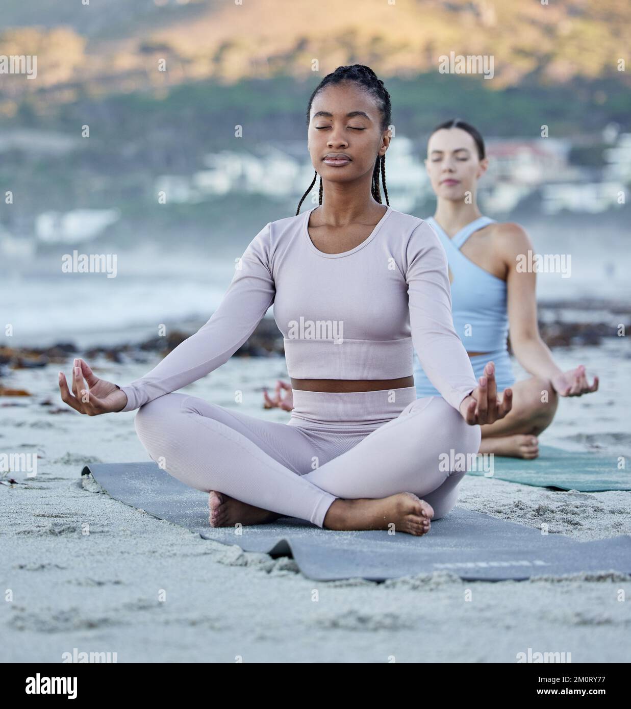 Beach meditation, diversity and yoga women meditate for chakra energy ...