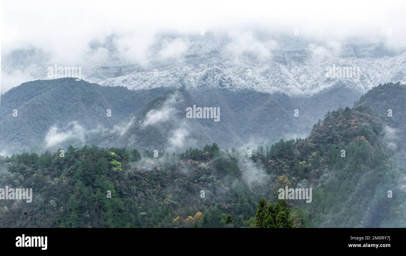 Aerial photo shows the snow scenery of Mount Jinfo in Nanchuan District ...
