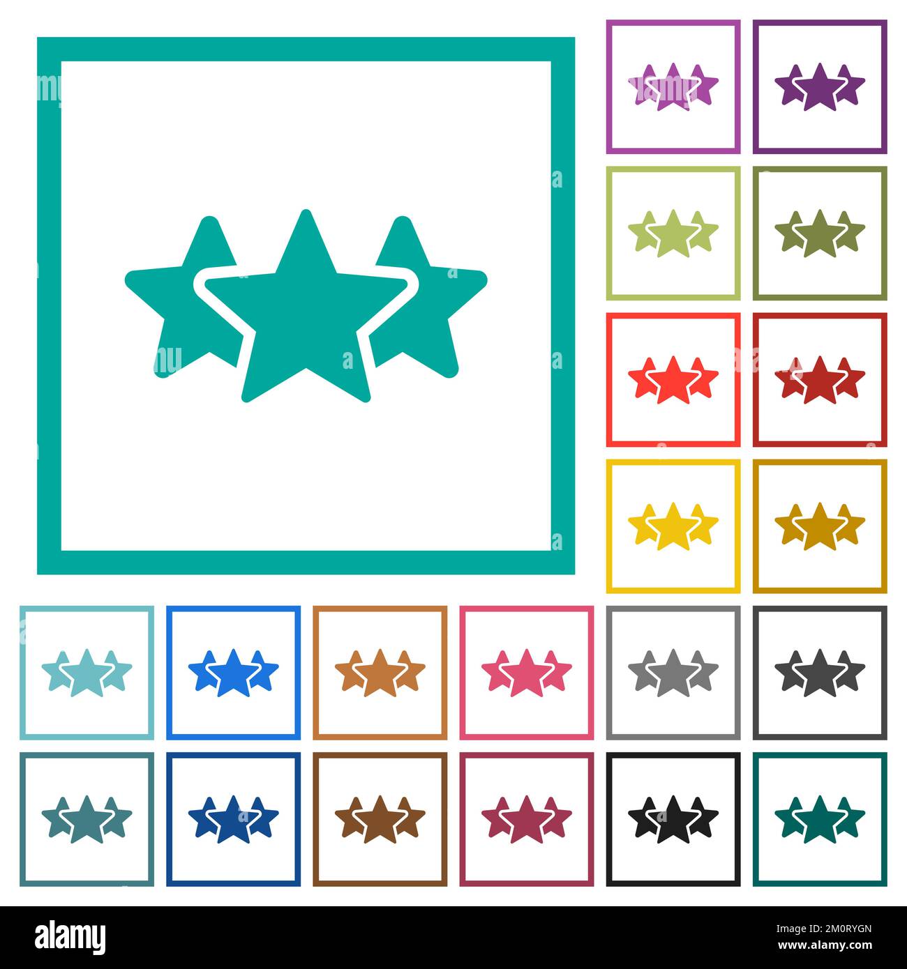 Three star rating solid flat color icons with quadrant frames on white ...