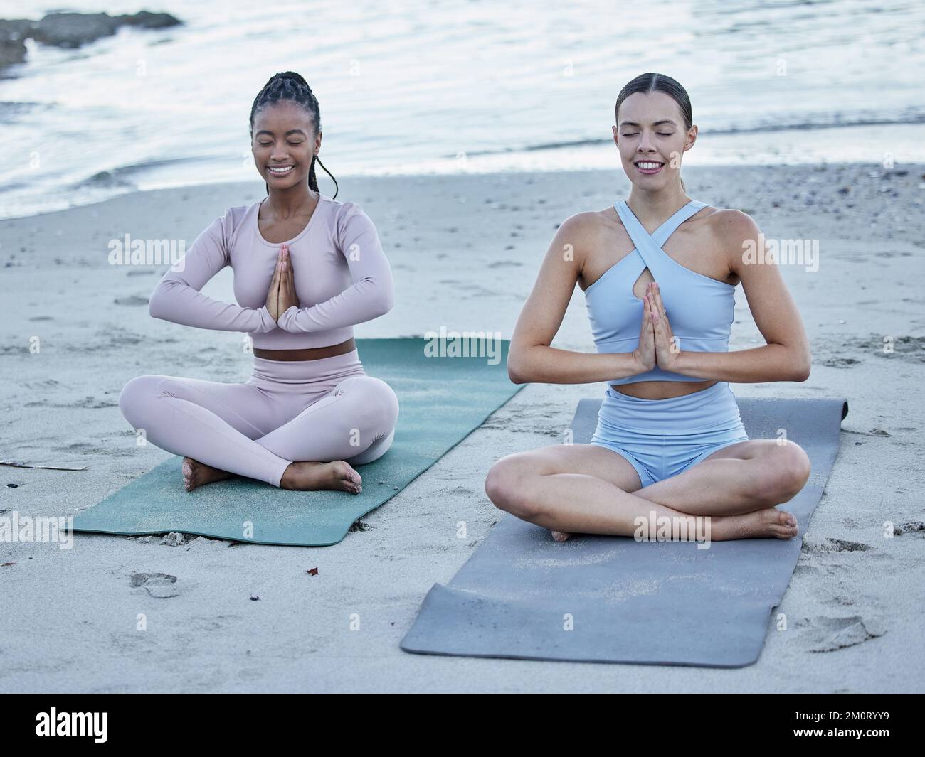 Beach, peace and meditation yoga friends together for self care ...